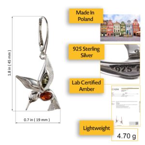 GIA Certified Sterling Silver and Baltic Amber French Leverback Earrings Hummingbirds