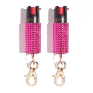 blingsting pepper spray for women - maximum strength oc self defense spray - 12 ft range - uv marking dye for police id - swipe safety lock - compact & fashionable keychain - pink (2 pack)