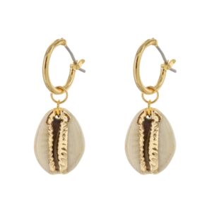 columbus 14k gold plated cowrie charm huggie hoop earrings - cowry drop dangle hoops - huggies for women (gold cowry shell)