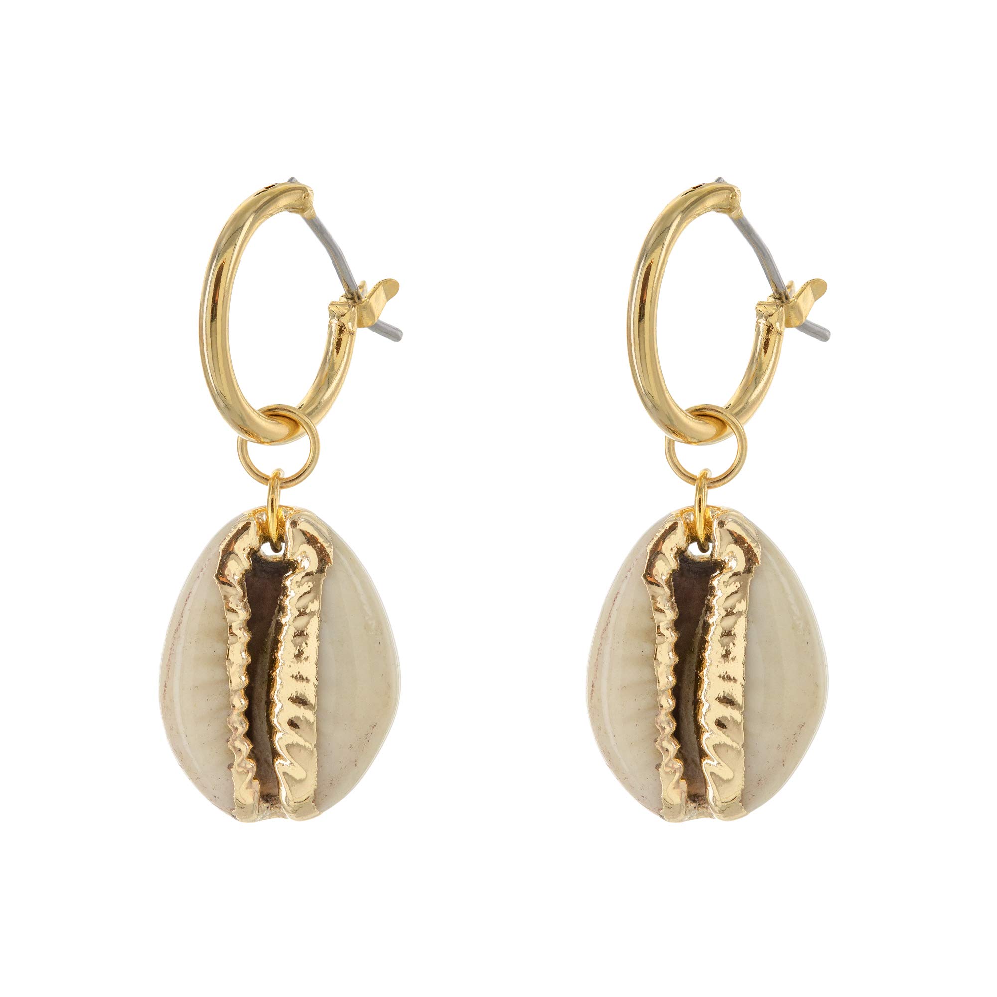 Columbus 14K Gold Plated Cowrie Charm Huggie Hoop Earrings - Cowry Drop Dangle Hoops - Huggies for Women (Gold Cowry Shell)