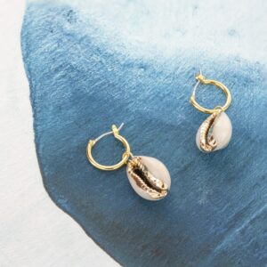 Columbus 14K Gold Plated Cowrie Charm Huggie Hoop Earrings - Cowry Drop Dangle Hoops - Huggies for Women (Gold Cowry Shell)