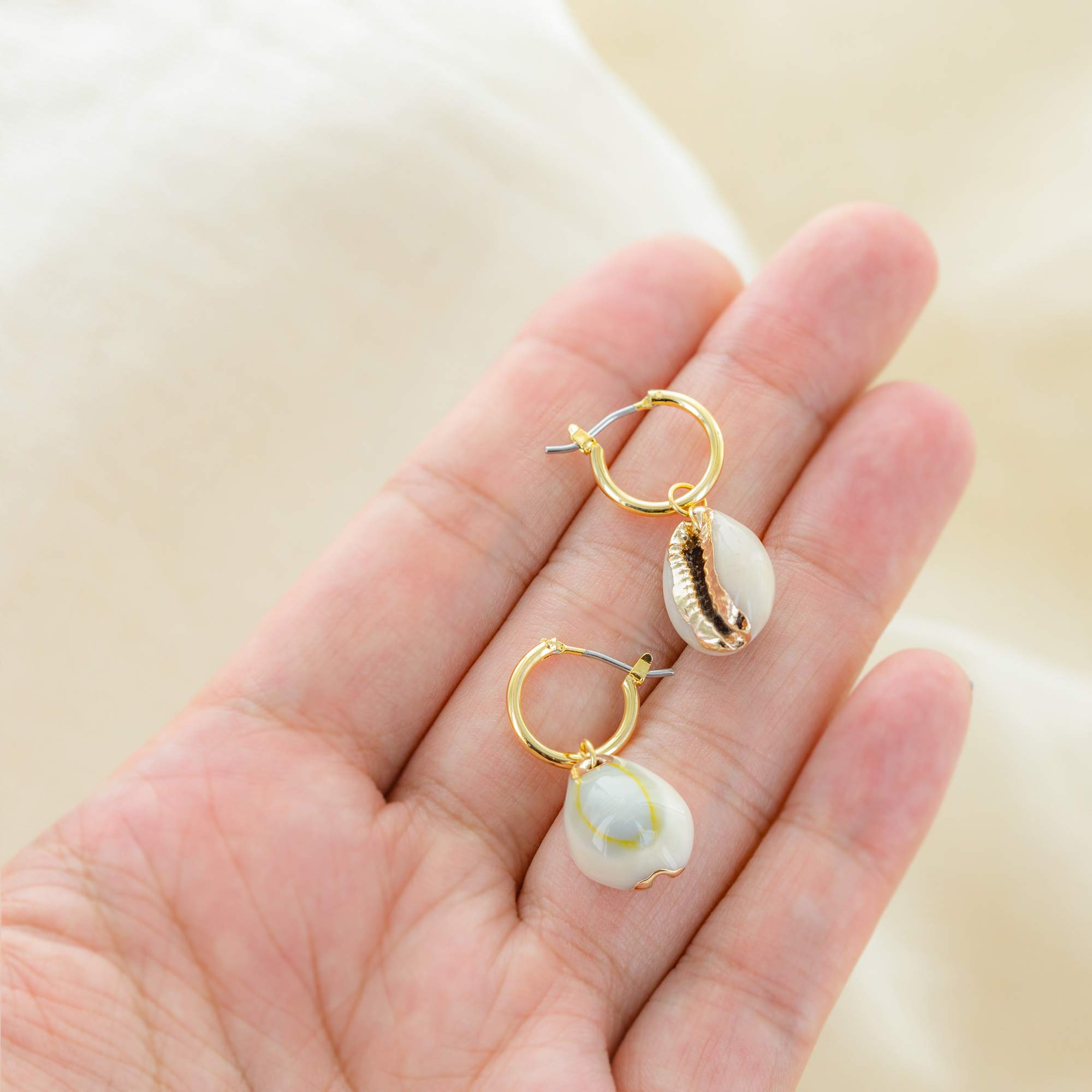 Columbus 14K Gold Plated Cowrie Charm Huggie Hoop Earrings - Cowry Drop Dangle Hoops - Huggies for Women (Gold Cowry Shell)