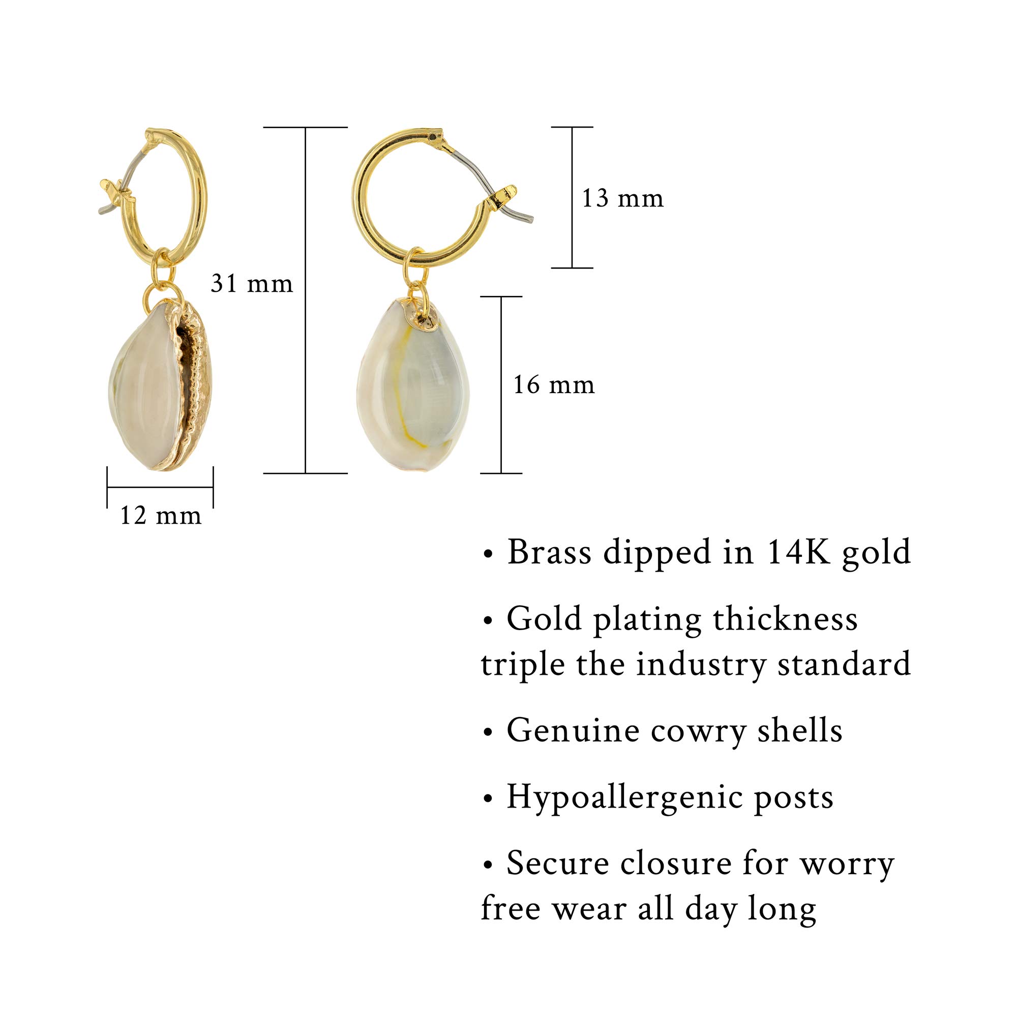 Columbus 14K Gold Plated Cowrie Charm Huggie Hoop Earrings - Cowry Drop Dangle Hoops - Huggies for Women (Gold Cowry Shell)