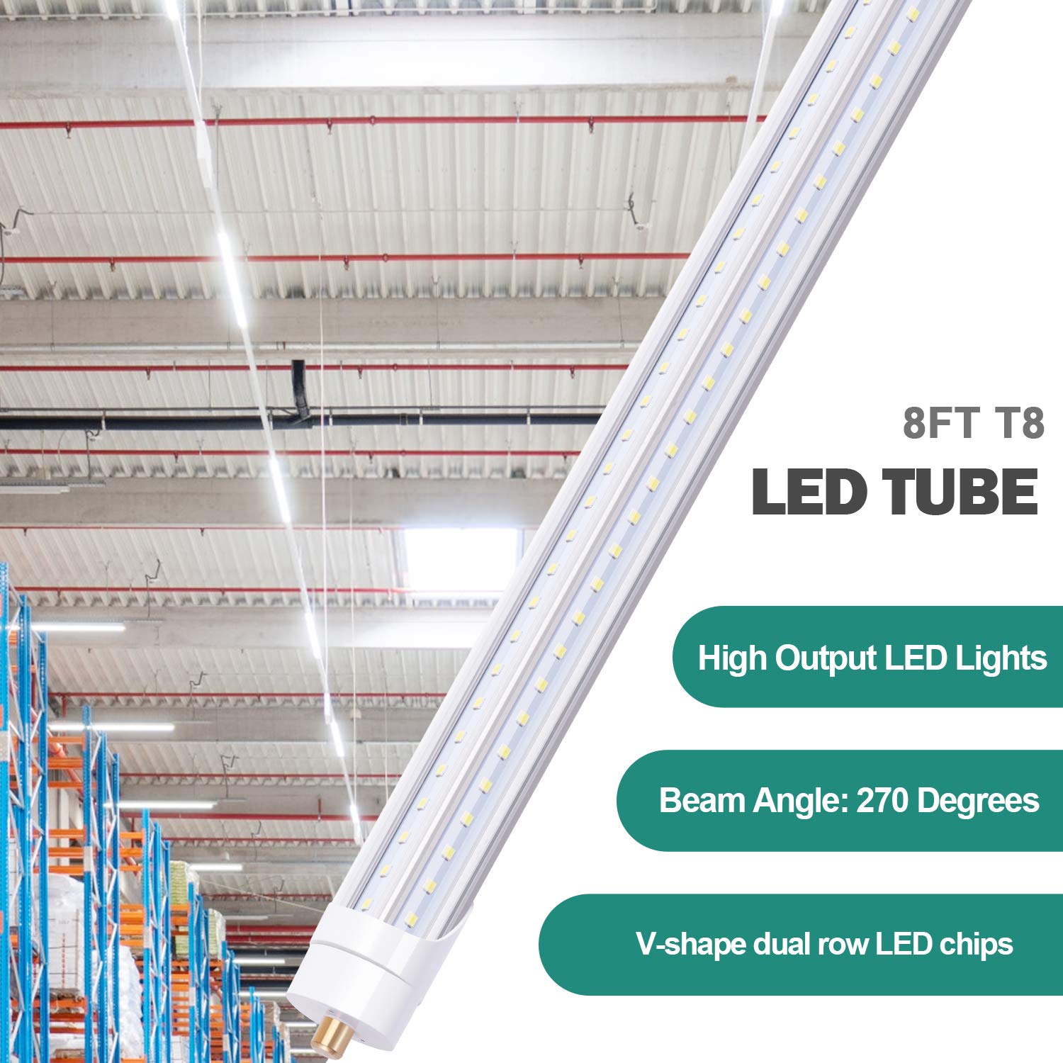 TRLIFE 65W 8FT LED Bulbs 6000K, T8 8FT V Shape LED Tube Light FA8 LED Light Bulbs with Clear Cover(150W Fluorescent Bulbs Replacement), Dual Row LED Chips, 7800Lm, Dual-Ended Power(25 Pack)