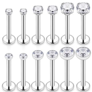 scerring 6 pairs 14g stainless steel 2mm 3mm 4mm clear cz internally threaded labret monroe lip tragus daith cartilage helix earring ring body piercing jewelry 8mm - silver