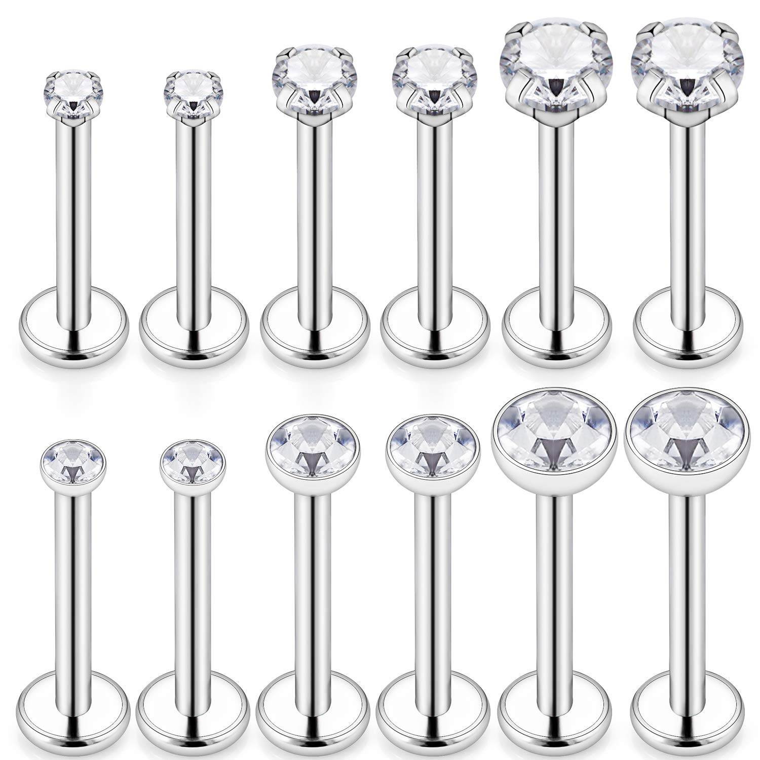 SCERRING 6 Pairs 14G Stainless Steel 2mm 3mm 4mm Clear CZ Internally Threaded Labret Monroe Lip Tragus Daith Cartilage Helix Earring Ring Body Piercing Jewelry 8mm - Silver