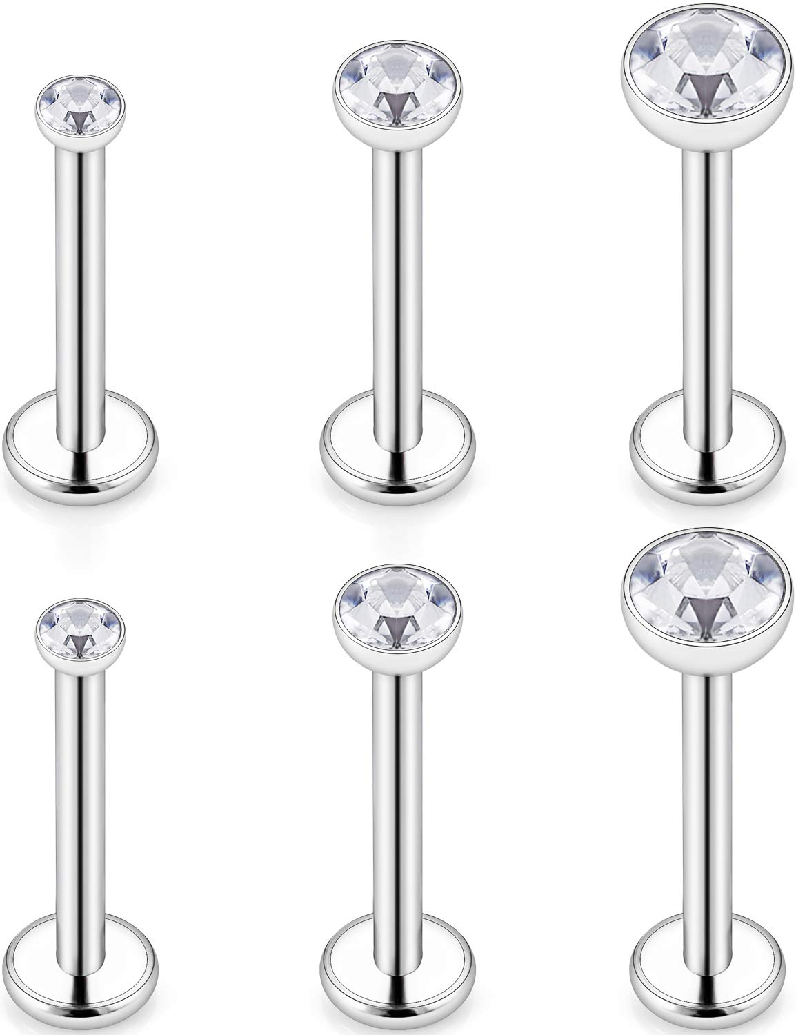 SCERRING 3 Pairs 14g Stainless Steel 2mm 3mm 4mm Jeweled Clear CZ Internally Threaded Labret Monroe Lip Tragus Daith Cartilage Helix Earring Ring Body Piercing Jewelry 8mm - Silver