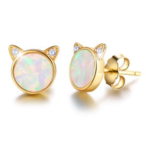 ✦earrings for women✦ esberry 14k gold earrings sterling silver opal cat stud earrings cat with natural stone gifts for women.(yellow gold-white opal)