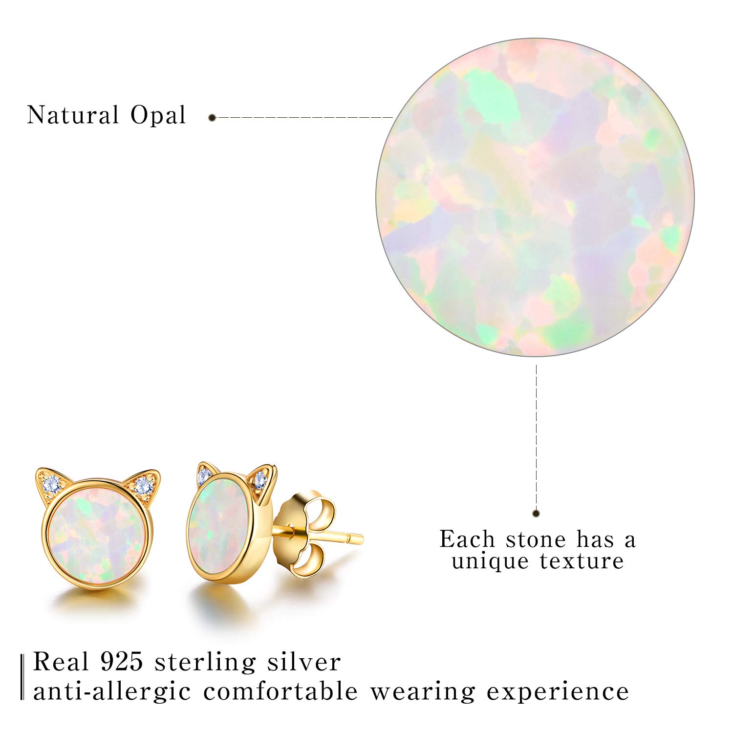 ✦Earrings for Women✦ Esberry 14k Gold Earrings Sterling Silver Opal Cat Stud Earrings Cat with Natural Stone Gifts for Women.(Yellow Gold-White Opal)