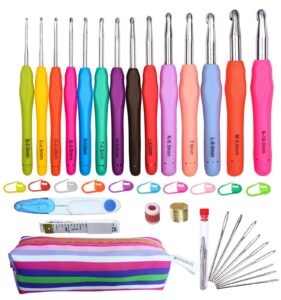 ergonomic crochet hook set 14 sizes 2mm(b)-10mm(n) with case for arthritic hands,crochet kit for beginners extra long crochet needles.