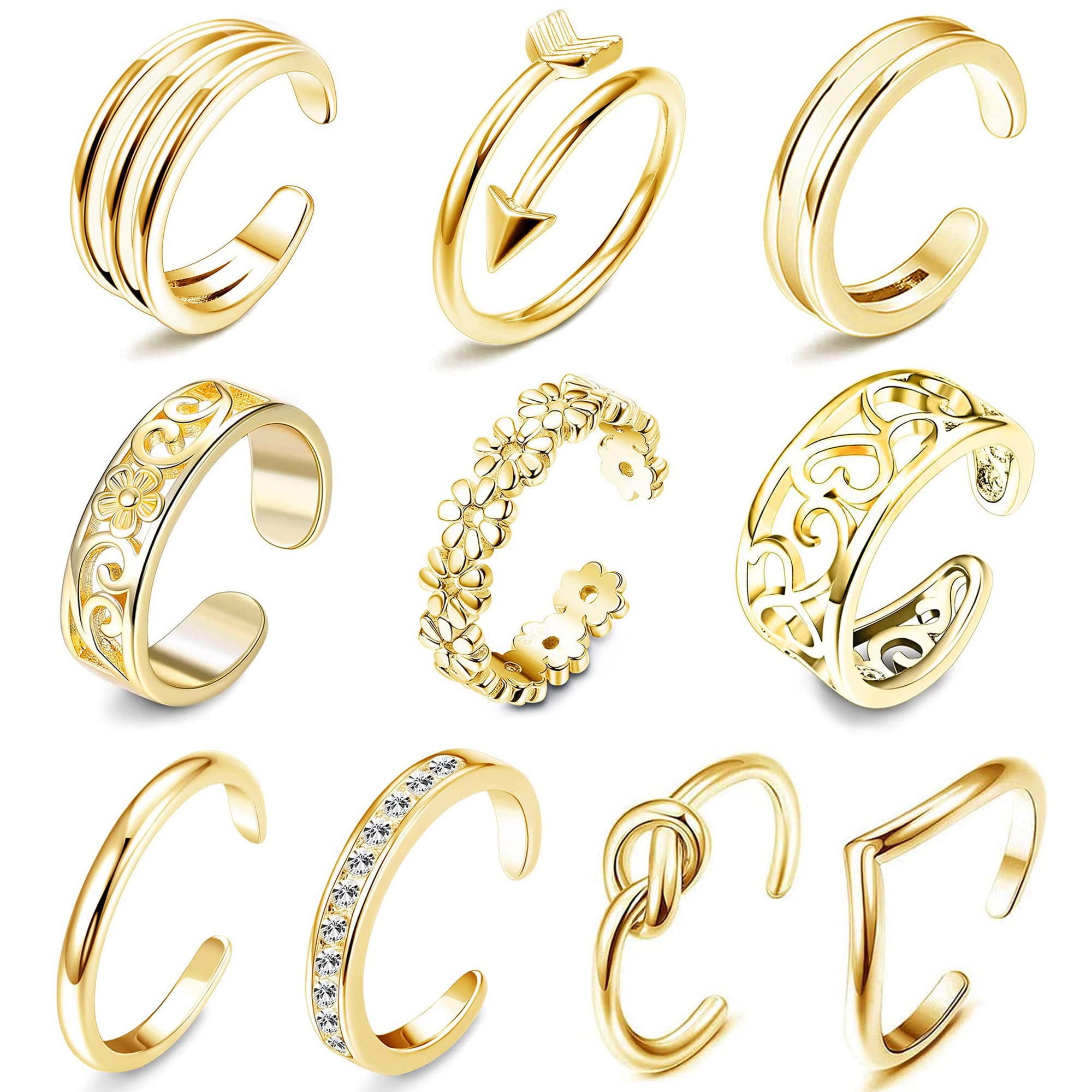 FIBO STEEL 10 Pcs Open Toe Rings for Women Vintage Retro Wave Flower Celtic Knot Arrow Tail Band Toe Ring Adjustable Gold-tone