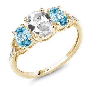 gem stone king 10k yellow gold white created sapphire blue zircon and white diamond 3-stone engagement ring for women (2.32 cttw, available in size 5, 6, 7, 8, 9)