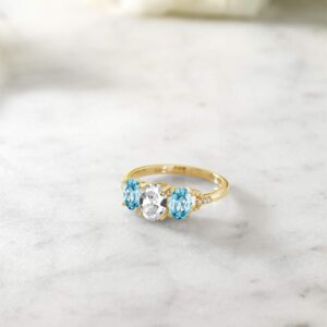 Gem Stone King 10K Yellow Gold White Created Sapphire Blue Zircon and White Diamond 3-Stone Engagement Ring For Women (2.32 Cttw, Available In Size 5, 6, 7, 8, 9)