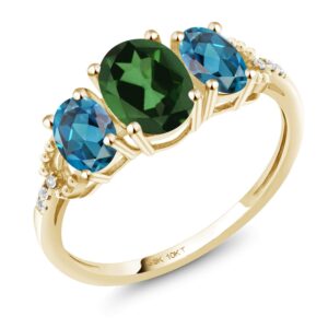 gem stone king 10k yellow gold oval emerald envy mystic topaz london blue topaz and diamond 3-stone engagement ring for women (2.02 cttw, gemstone birthstone, available in size 5, 6, 7, 8, 9)