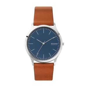 skagen men's jorn quartz three-hand silver stainless steel and brown leather band watch (model: skw6546)