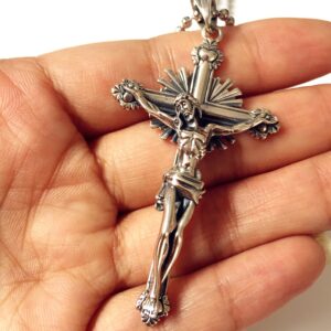 elegantmedical S925 Sterling Silver Large 2.3 inch Crucifix Cross rosary part necklace pendant catholic gift