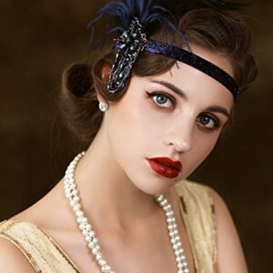 SWEETV Feather Flapper Headpiece Navy, Rhinestone Feather 1920s Headband, the Great Gatsby Hair Accessories