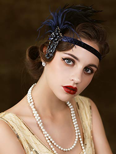 SWEETV Feather Flapper Headpiece Navy, Rhinestone Feather 1920s Headband, the Great Gatsby Hair Accessories