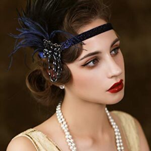 SWEETV Feather Flapper Headpiece Navy, Rhinestone Feather 1920s Headband, the Great Gatsby Hair Accessories