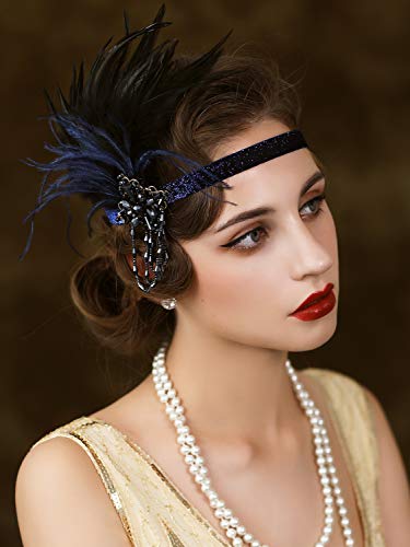 SWEETV Feather Flapper Headpiece Navy, Rhinestone Feather 1920s Headband, the Great Gatsby Hair Accessories