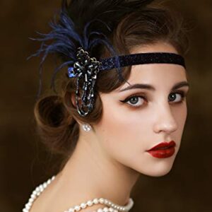 SWEETV Feather Flapper Headpiece Navy, Rhinestone Feather 1920s Headband, the Great Gatsby Hair Accessories