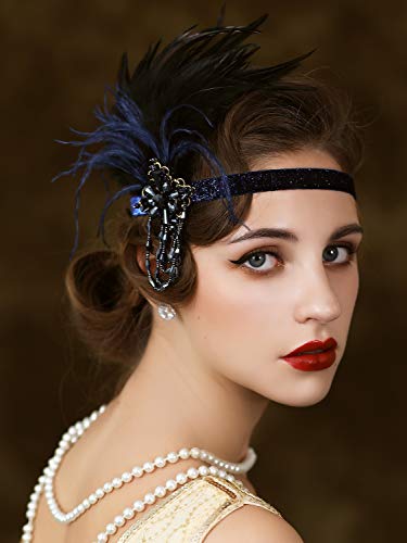 SWEETV Feather Flapper Headpiece Navy, Rhinestone Feather 1920s Headband, the Great Gatsby Hair Accessories