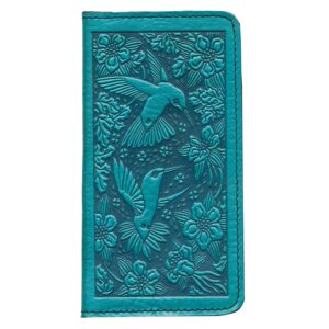 Oberon Design Hummingbirds Embossed Genuine Leather Checkbook Cover, 3.5x6.5 Inches, Teal