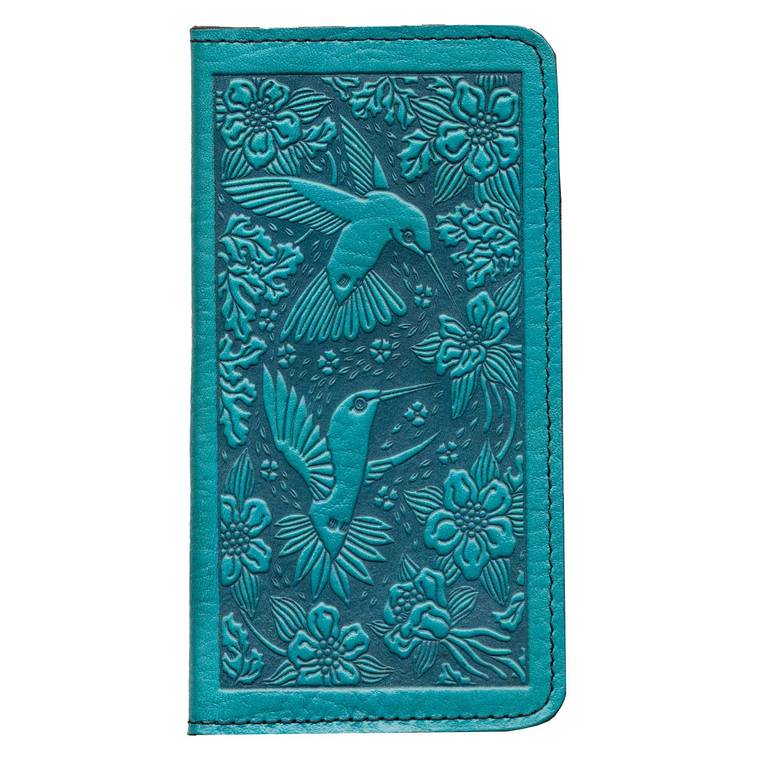 Oberon Design Hummingbirds Embossed Genuine Leather Checkbook Cover, 3.5x6.5 Inches, Teal