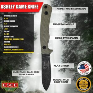 ESEE Knives Ashley Game Hunting Skinning Knife w/Sheath, Made in USA (Micarta)