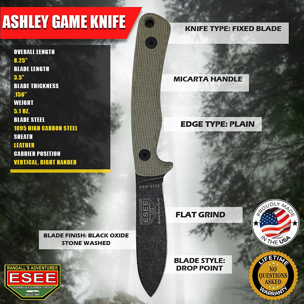 ESEE Knives Ashley Game Hunting Skinning Knife w/Sheath, Made in USA (Micarta)