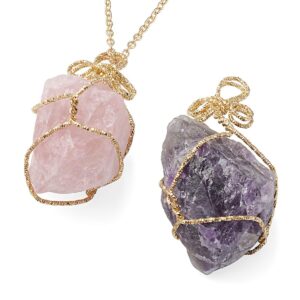 shop lc crystal necklaces - handmade healing amethyst & rose quartz raw gemstone necklace sets - 24" necklace length - set of 2 jewelry birthday gifts for women