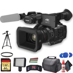 panasonic ag-ux180 4k professional camcorder (ag-ux180pj8) with uv filter, tripod, padded case, led light, 64gb memory card and more starter bundle