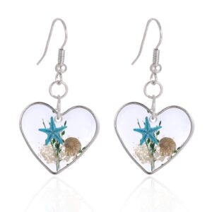 fm fm42 silver-tone blue starfish seashell pressed flower small heart drop dangle hook earrings fe2081