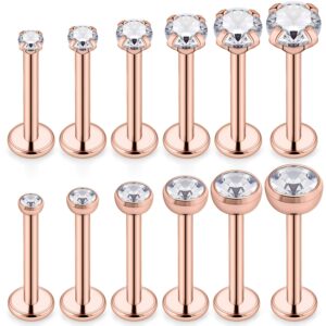 scerring 12pcs 16g stainless steel 2-4.5mm clear cz internally threaded labret monroe lip earring ring body piercing jewelry 10mm - rose gold