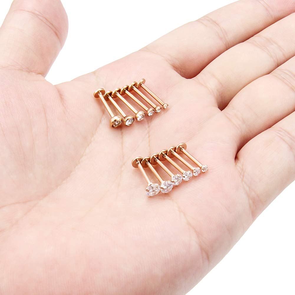 SCERRING 12PCS 16g Stainless Steel 2-4.5mm Clear CZ Internally Threaded Labret Monroe Lip Earring Ring Body Piercing Jewelry 10mm - Rose Gold