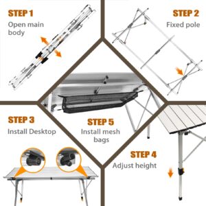 CampLand Aluminum Table with Storage net Height Adjustable Folding Table Camping Outdoor Lightweight for Camping, Beach, Backyards, BBQ, Party