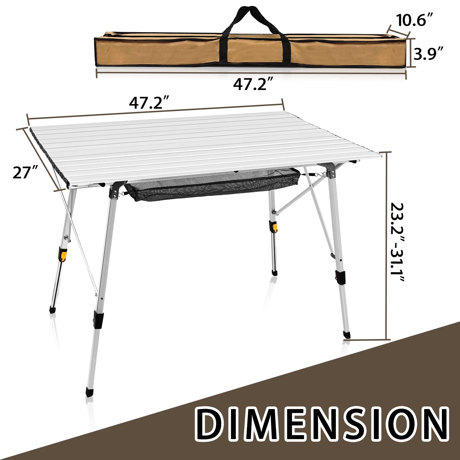 CampLand Aluminum Table with Storage net Height Adjustable Folding Table Camping Outdoor Lightweight for Camping, Beach, Backyards, BBQ, Party