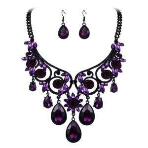 brilove women's tribal ethnic crystal chunky statement necklace dangle earrings set purple black-tone