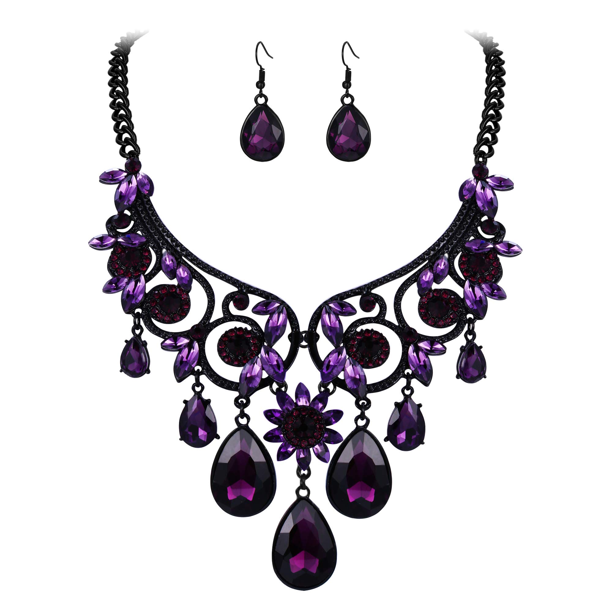 BriLove Women's Tribal Ethnic Crystal Chunky Statement Necklace Dangle Earrings Set Purple Black-Tone