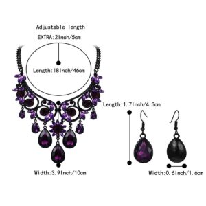 BriLove Women's Tribal Ethnic Crystal Chunky Statement Necklace Dangle Earrings Set Purple Black-Tone