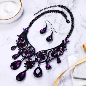 BriLove Women's Tribal Ethnic Crystal Chunky Statement Necklace Dangle Earrings Set Purple Black-Tone