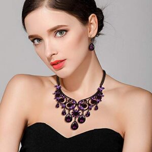 BriLove Women's Tribal Ethnic Crystal Chunky Statement Necklace Dangle Earrings Set Purple Black-Tone