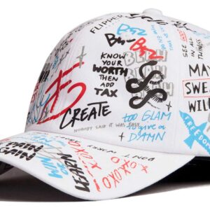 Flipper Designer Graffiti Doodle Cotton Baseball Cap for Men Women, Kpop Hat w/Curve Brim (White/Multi, Free Size)