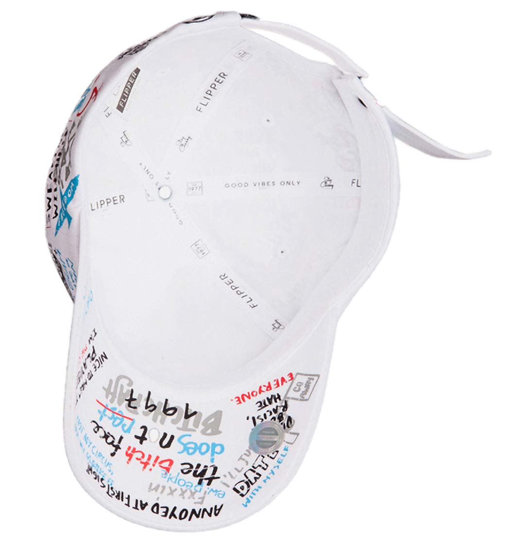 Flipper Designer Graffiti Doodle Cotton Baseball Cap for Men Women, Kpop Hat w/Curve Brim (White/Multi, Free Size)