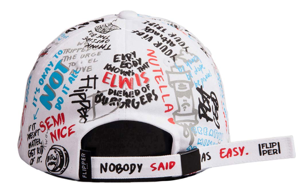 Flipper Designer Graffiti Doodle Cotton Baseball Cap for Men Women, Kpop Hat w/Curve Brim (White/Multi, Free Size)