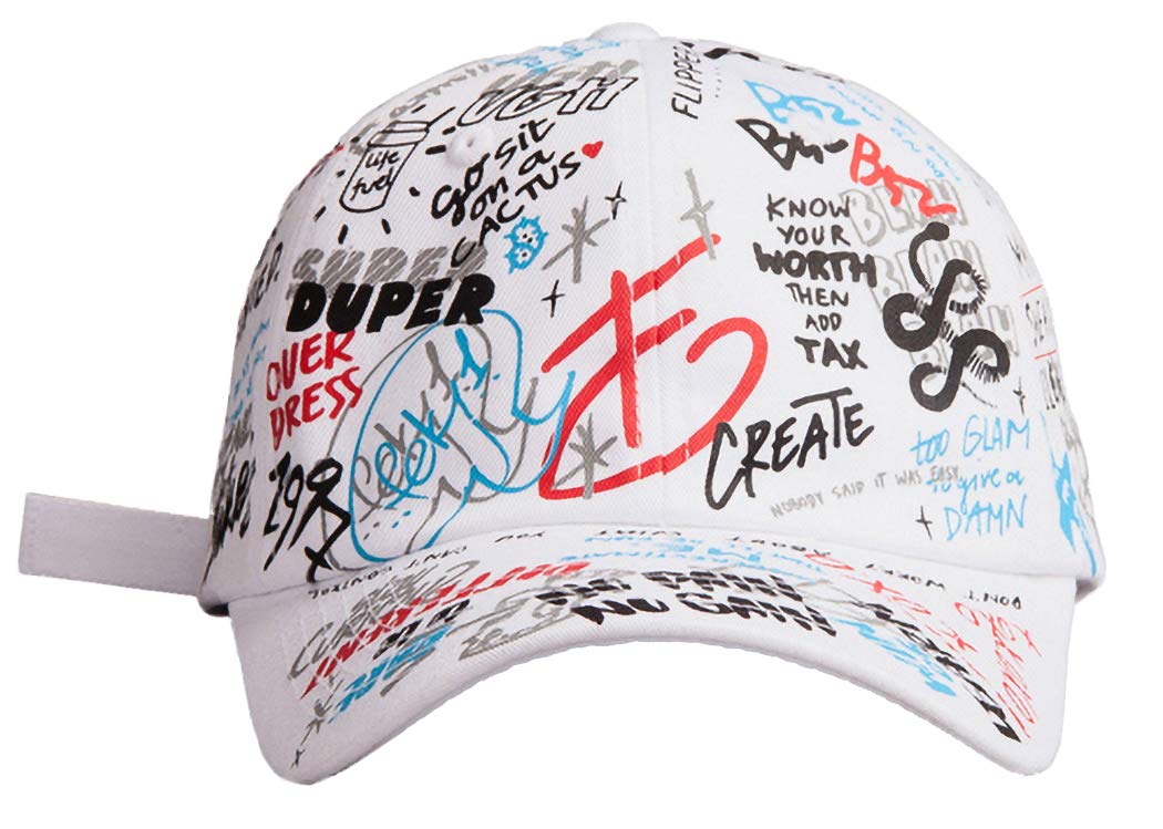 Flipper Designer Graffiti Doodle Cotton Baseball Cap for Men Women, Kpop Hat w/Curve Brim (White/Multi, Free Size)