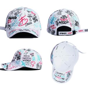 Flipper Designer Graffiti Doodle Cotton Baseball Cap for Men Women, Kpop Hat w/Curve Brim (White/Multi, Free Size)