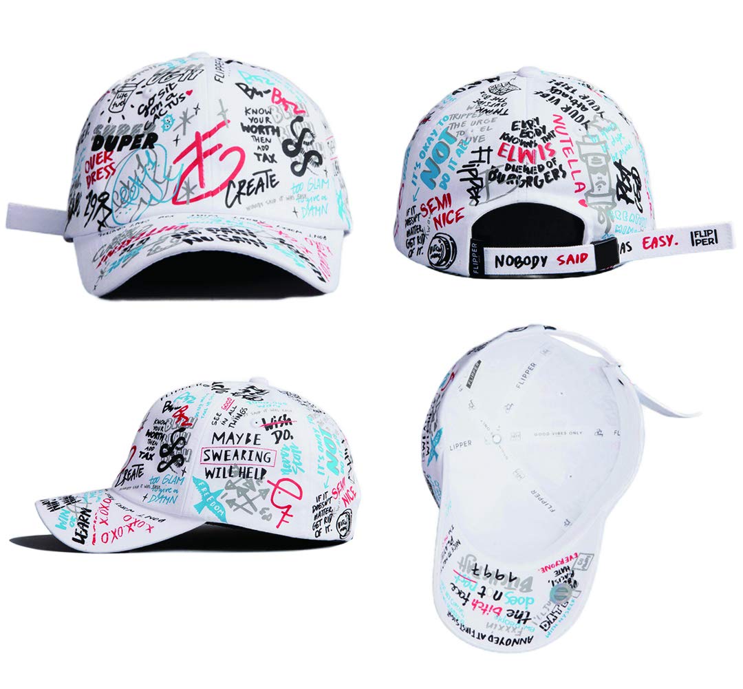 Flipper Designer Graffiti Doodle Cotton Baseball Cap for Men Women, Kpop Hat w/Curve Brim (White/Multi, Free Size)