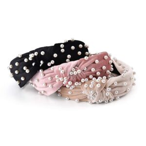 yeaplike 3 pack velvet wide headbands knot turban headband vintage hairband with faux pearl elastic hair hoops fashion hair accessories for women and girls