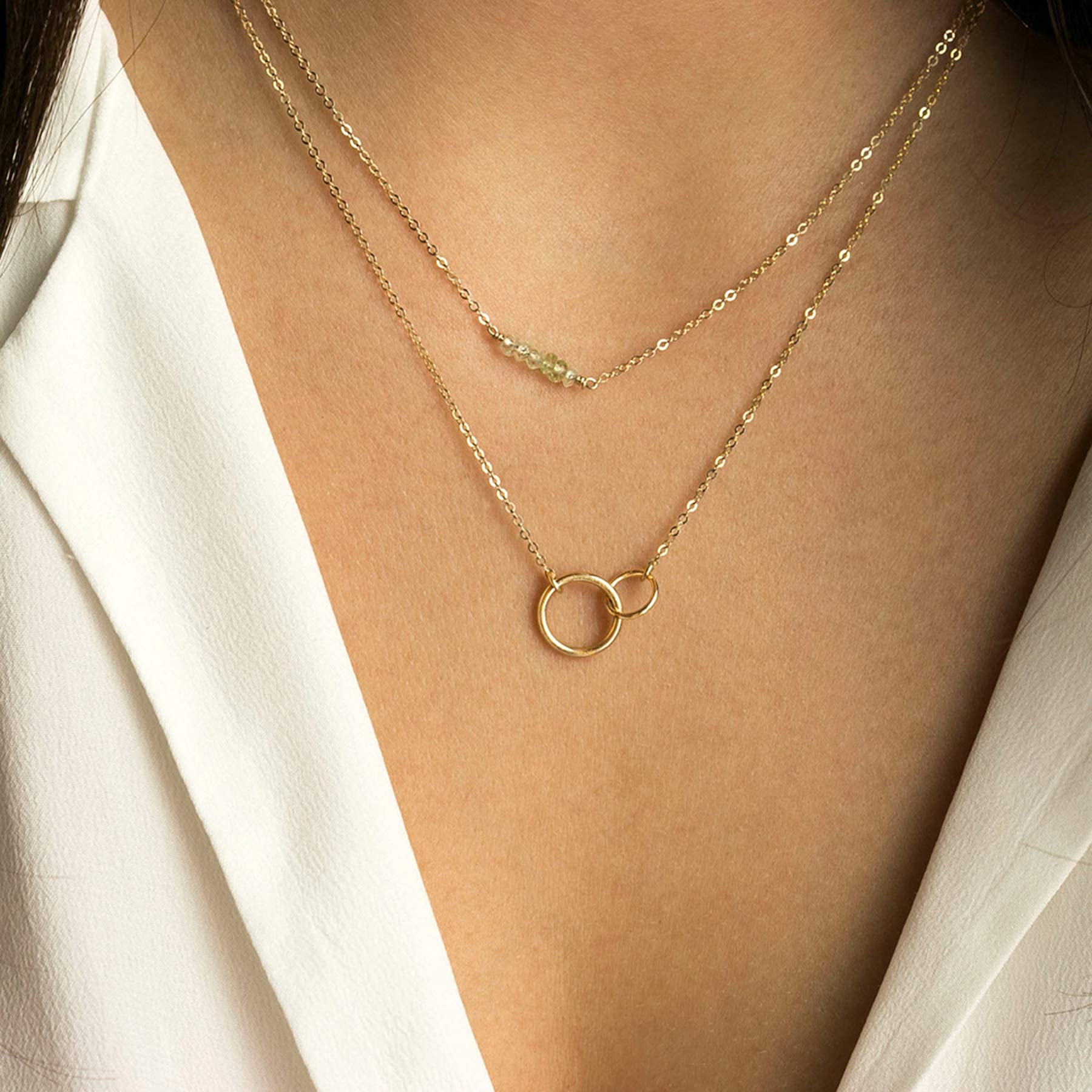 Befettly Women Sister Necklace,14K Gold Plated Interlocking Circle Necklace Cute Dainty Harmmered Karma Friendship Pendant Necklace